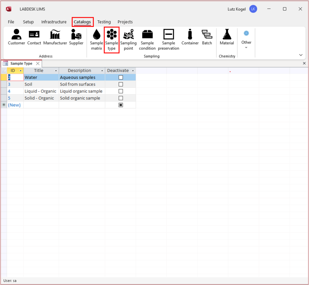 Sample type – LABDESK LIMS