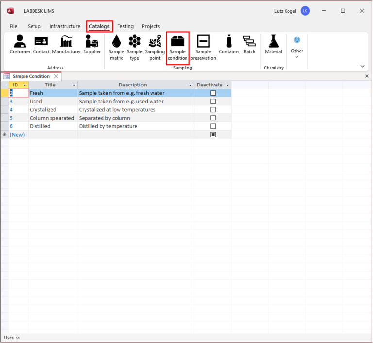 Sample condition – LABDESK LIMS